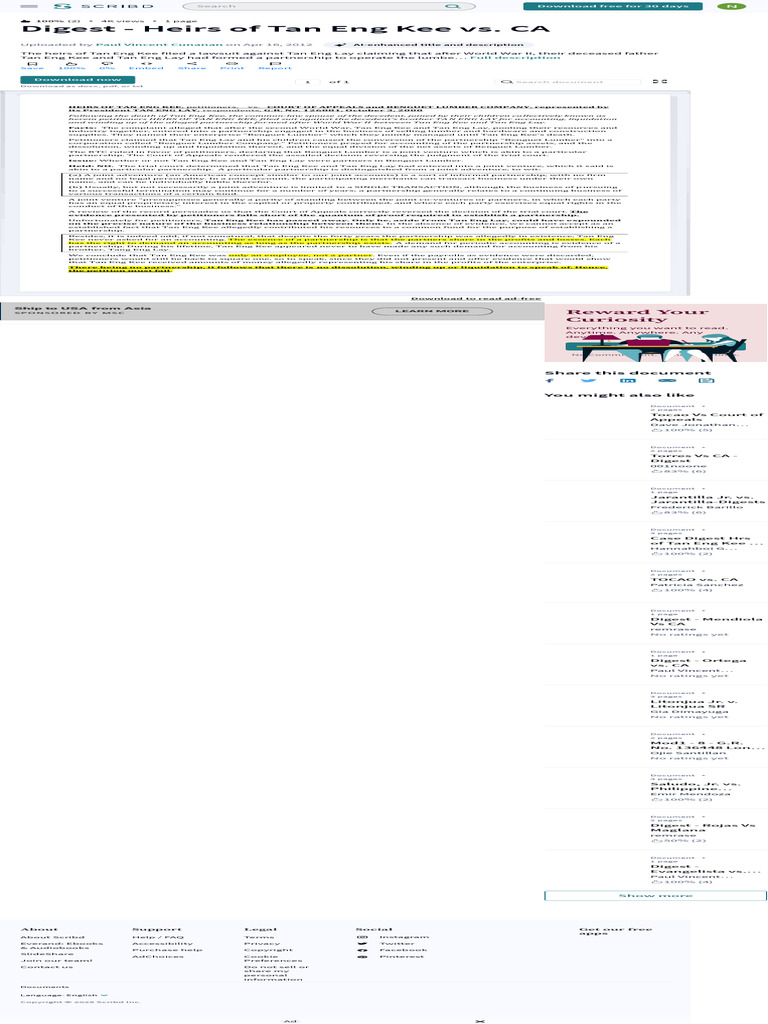 Digest - Heirs of Tan Eng Kee vs. CA PDF Partnership Liquidation | PDF ...
