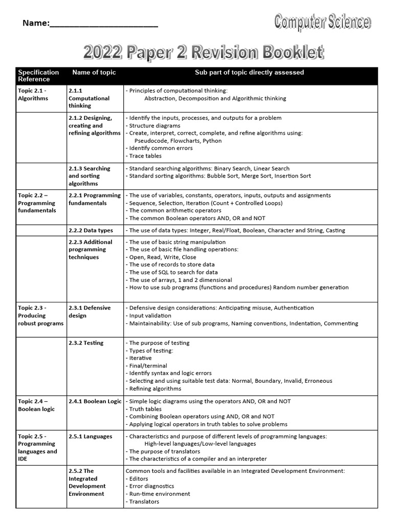 J277 - 2022 Revision Booklet - Paper 2 | PDF | Algorithms | Integrated Development Environment