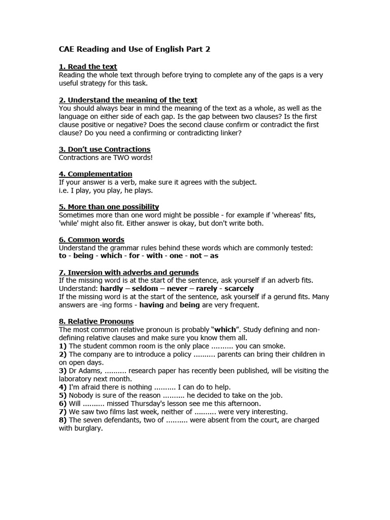 CAE Reading & Use of English Tips | PDF | Clause | Subject (Grammar)