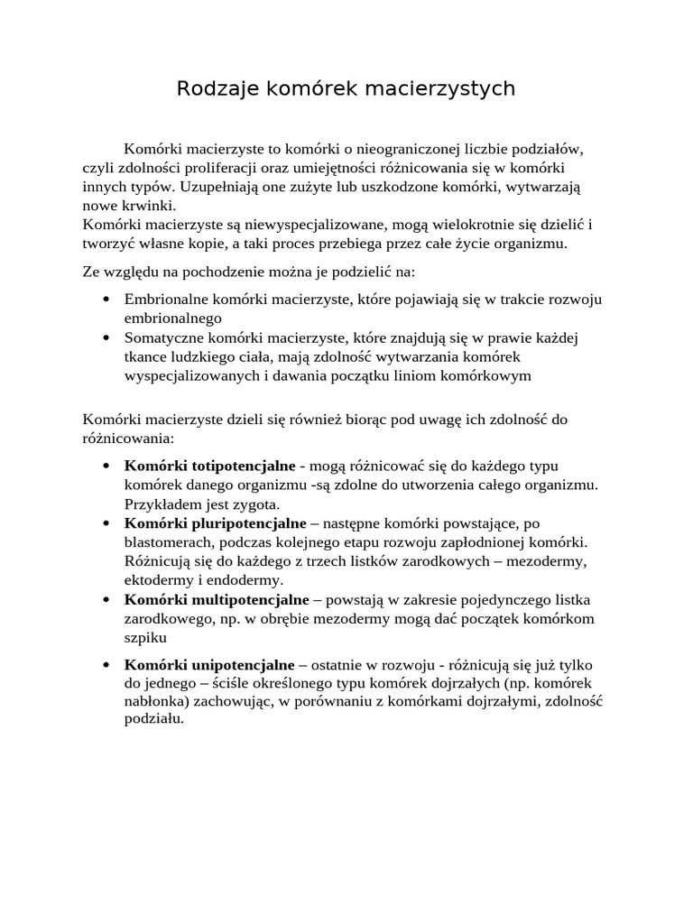 Rodzaje Komórek Macierzystych | PDF
