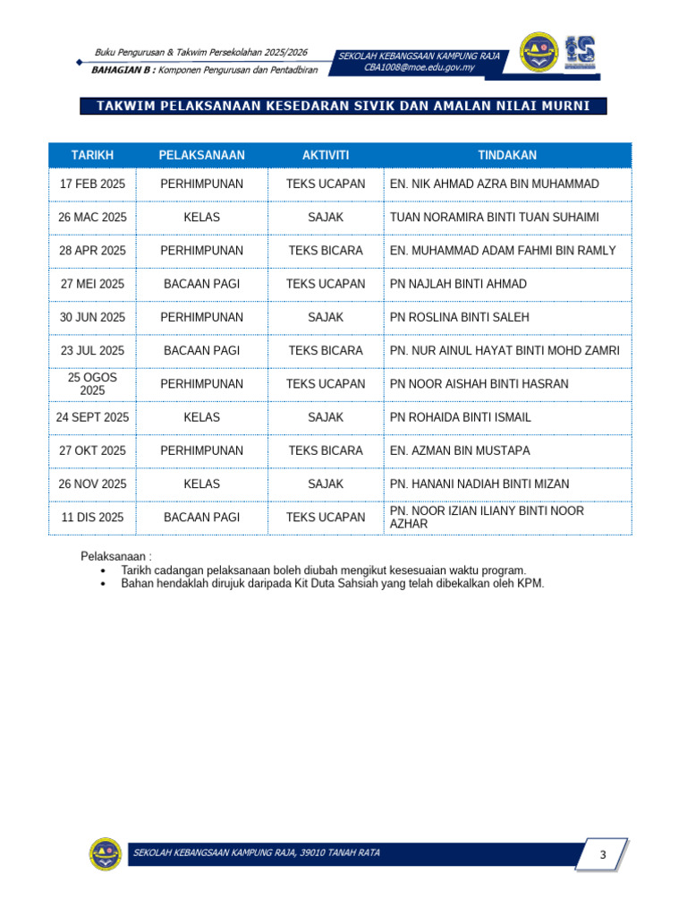 Jadual Aktiviti Kit Duta Sahsiah | PDF