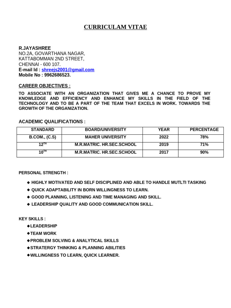 Curriculam Vitae: R.Jayashree | PDF