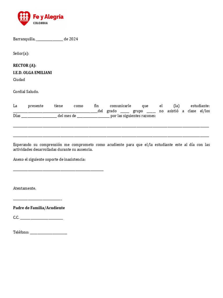 Formato de Excusa Por Inasistencia | PDF