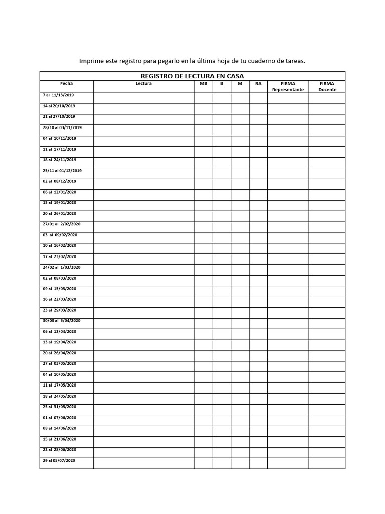 Registro de Lectura en Casa | PDF