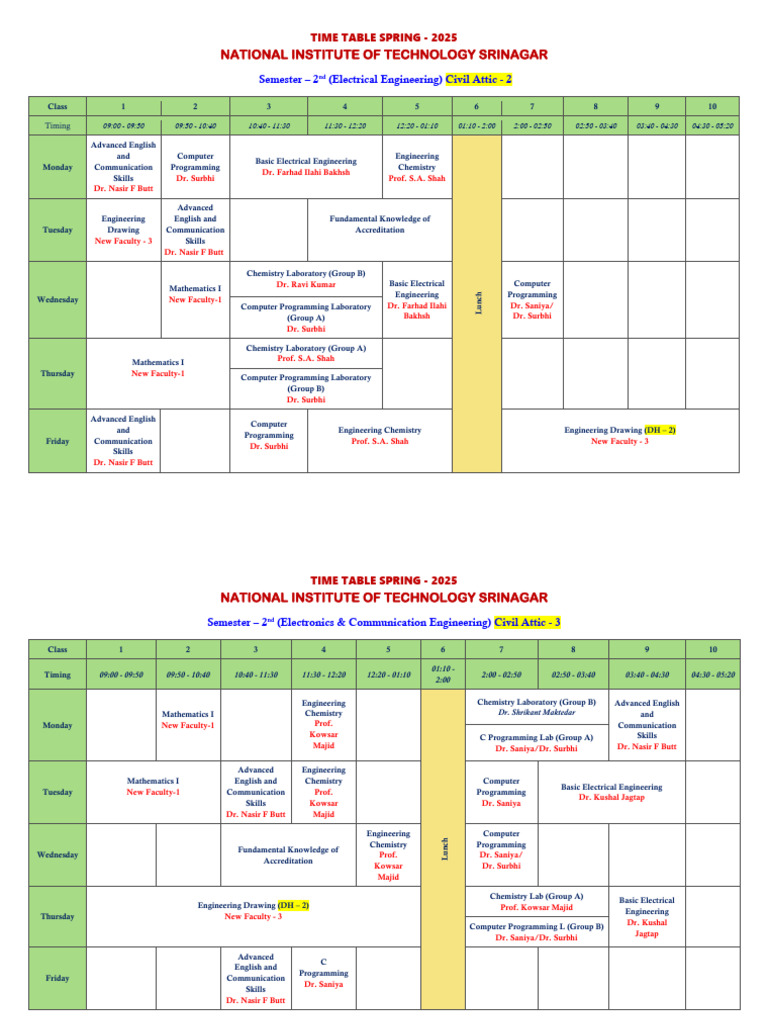 Time Table - BTech - Spring 2025 - 14 Feb | PDF | Engineering | Science