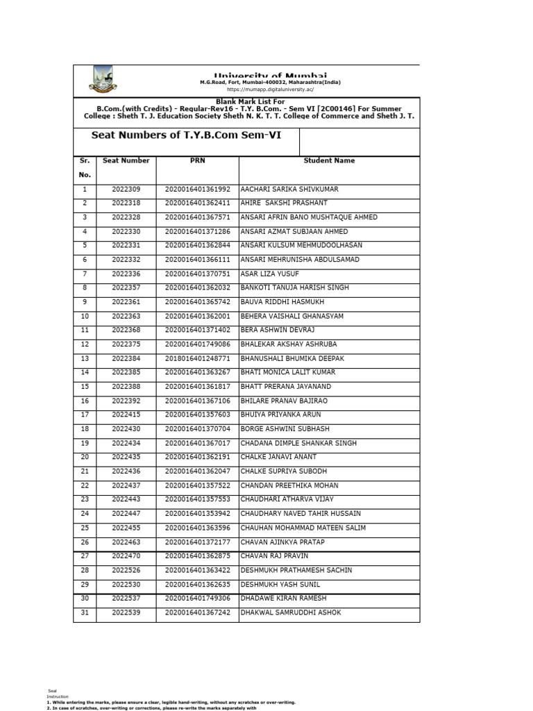 Seat Numbers TYBCOM | PDF