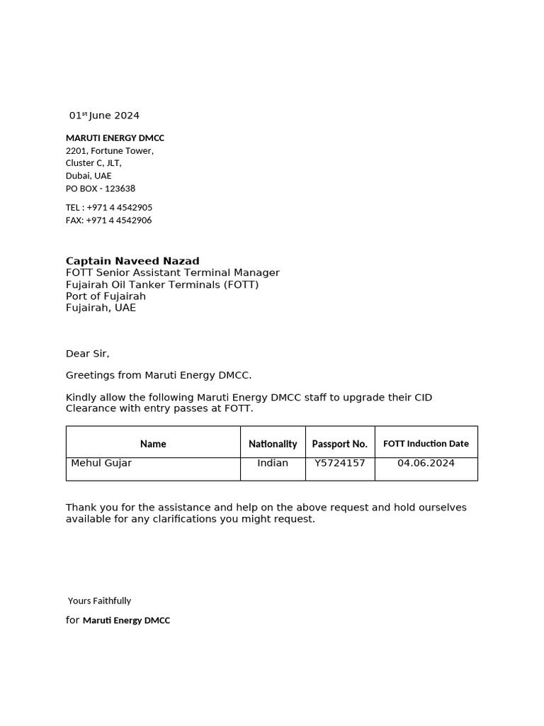 FOTT Request Letter Format (1) | PDF