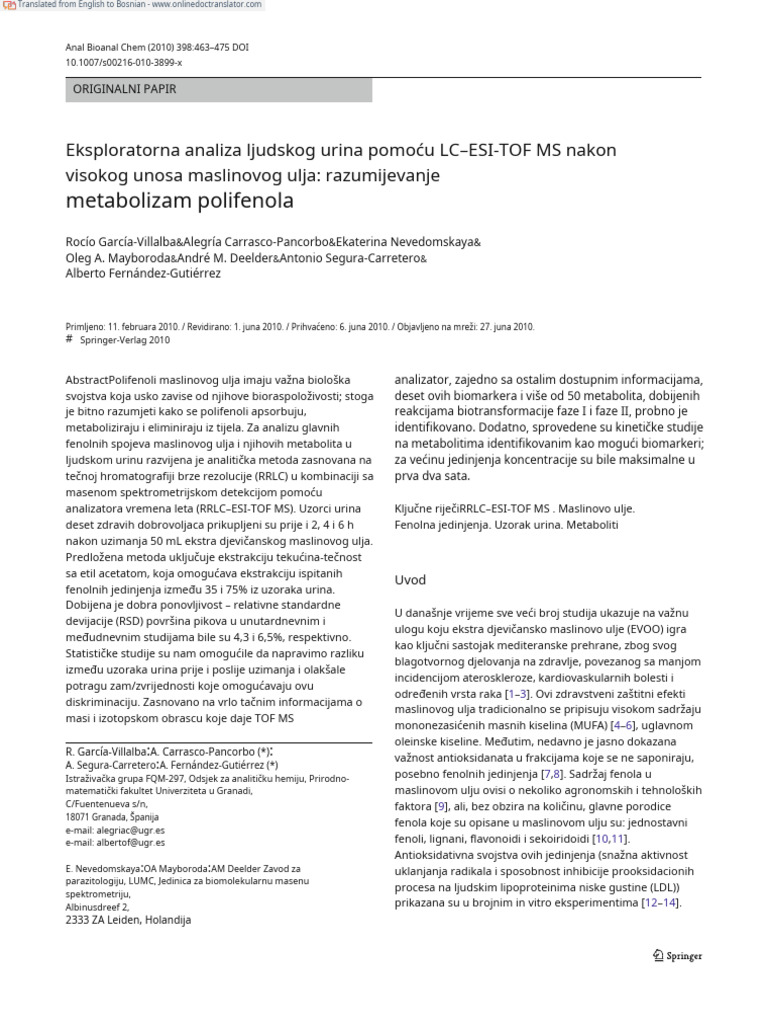 Eksploratorna Analiza Ljudskog Urina LC ESI TOF MS Metodom Nakon Visokog Unosa Maslinovog Ulja ...
