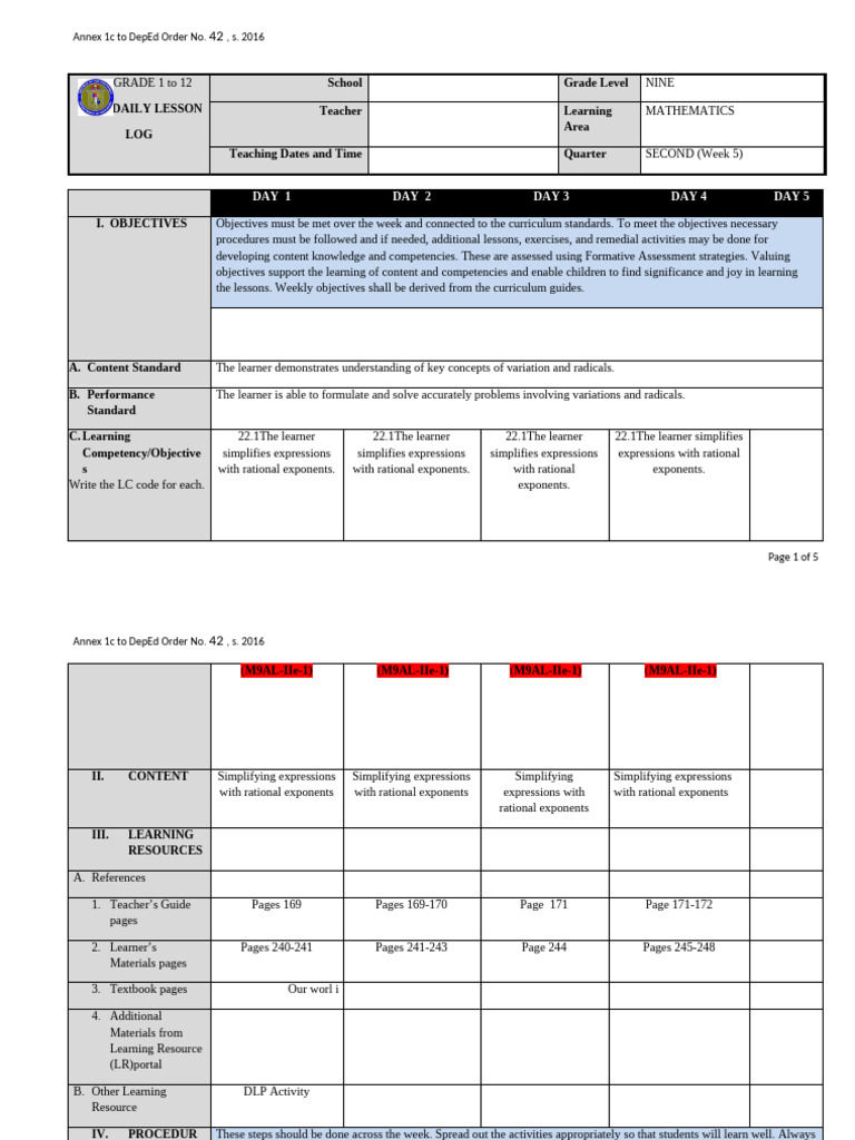 Weekly Lesson Plan: Rational Exponents | PDF | Learning | Teachers