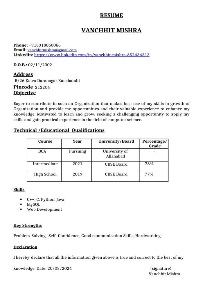 Resume of Vanchhit Mishra | PDF