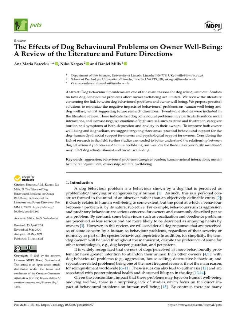 The Effects of Dog Behavioural Problems On Owner Wellbeing (Barcelos, A ...