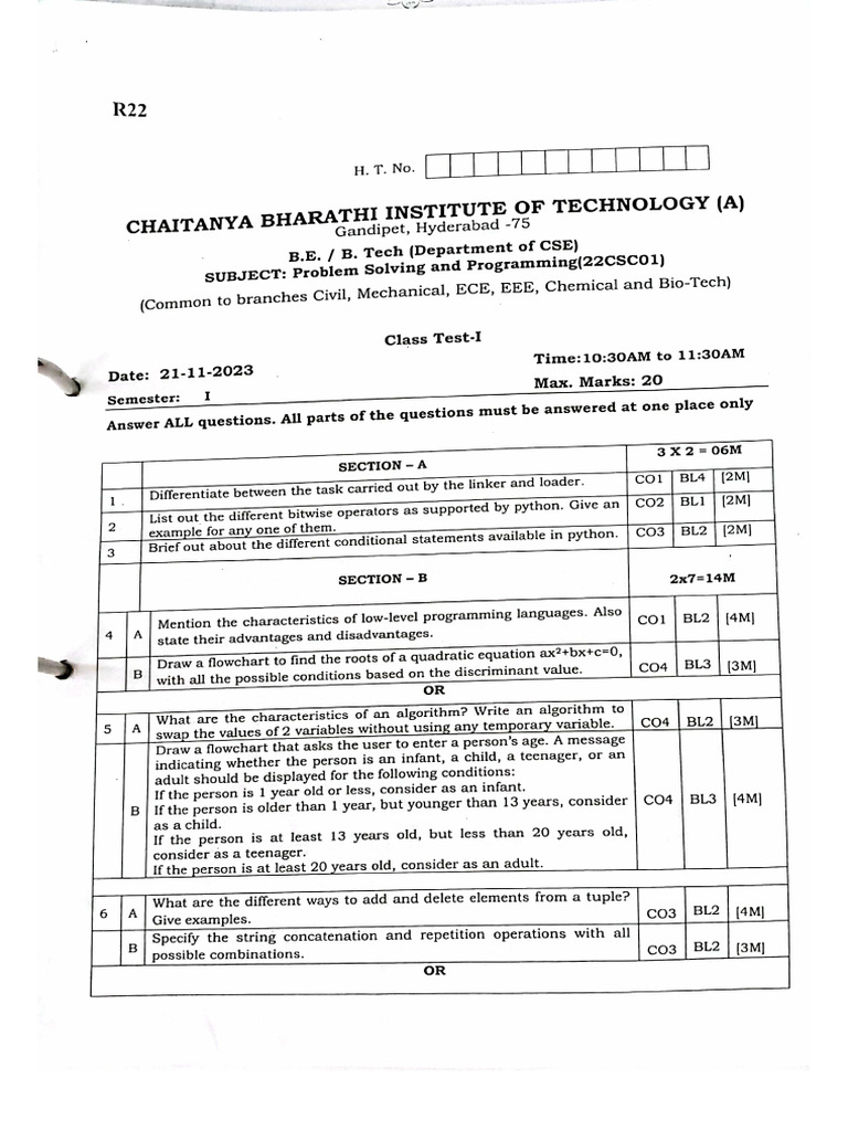 PSPP Class Test-1 Prev Question Paper | PDF