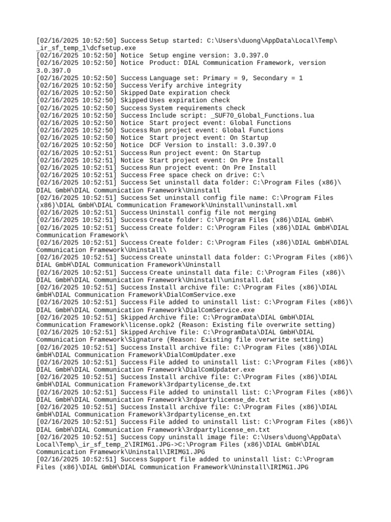 DIAL Communication Framework Setup Log | PDF | Windows Registry | Text File