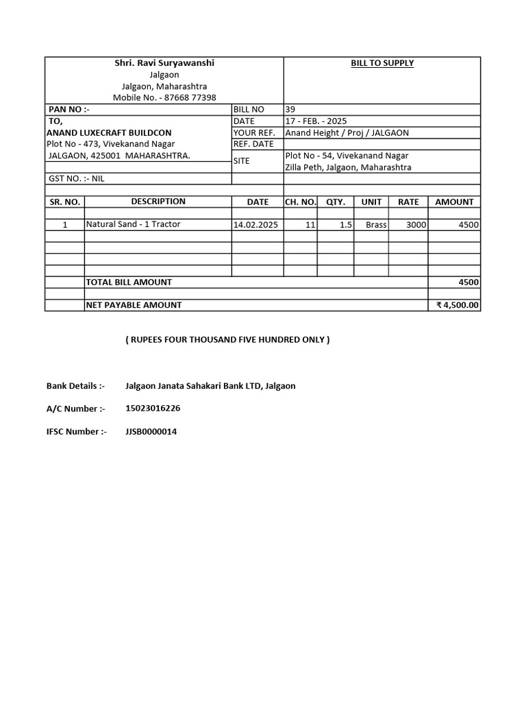 Bill for Natural Sand Supply in Jalgaon | PDF