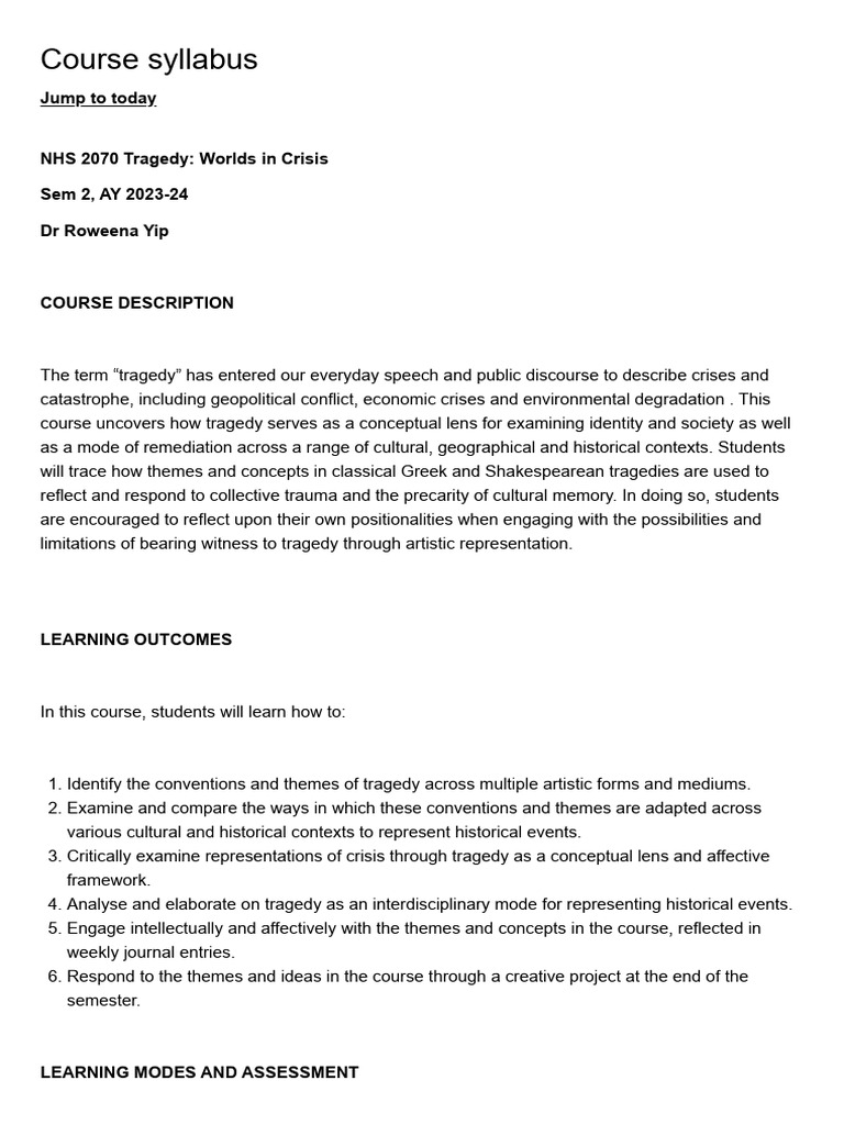 Syllabus For NHS2070 Tragedy - Worlds in Crisis (2320) | PDF | Tragedy