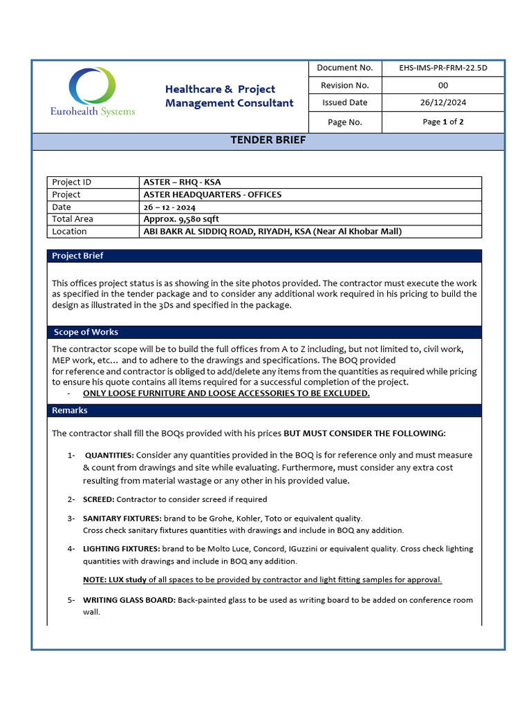 EHS-IMS-PR-FRM-22.5C - Tender Brief | PDF | Business