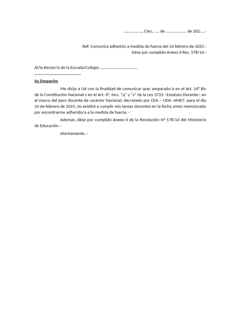 Adhesión a Paro Docente Nacional | PDF