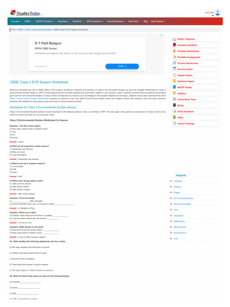 Screencapture Studiestoday Printable Worksheet Environmental Studies Cbse Class 2 Evs Practice ...