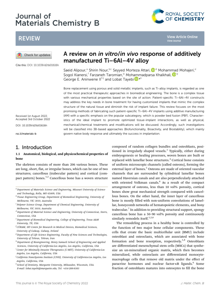 A Review on in Vitro-In Vivo Response of Additively Manufactured Ti-6Al-4V Alloy | PDF | Bone ...