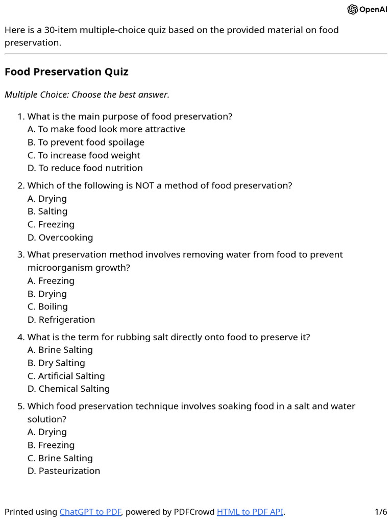 Food Preservation Quiz | PDF | Food Preservation | Foods