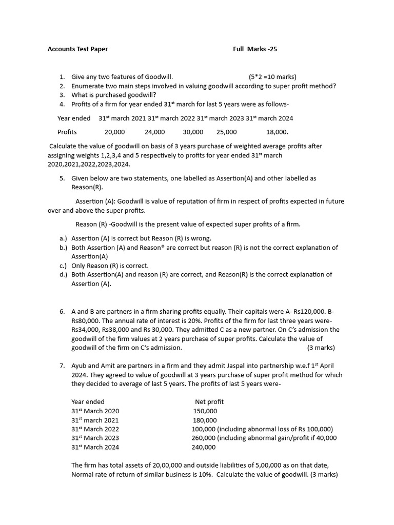 Accounts Class 12 CH 2 Test | PDF | Goodwill (Accounting) | Money