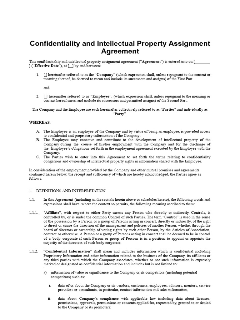 Confidentiality & Intellectual Property Assignment Agreement Template ...