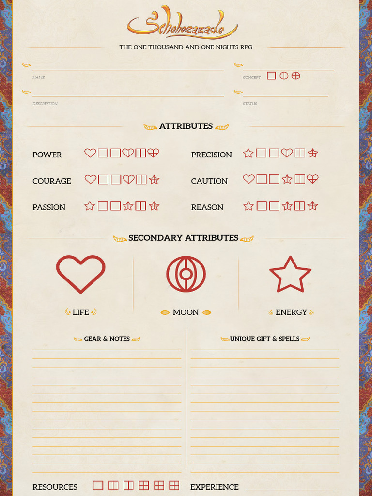 Scheherazade Quickstart_Character Sheet | PDF