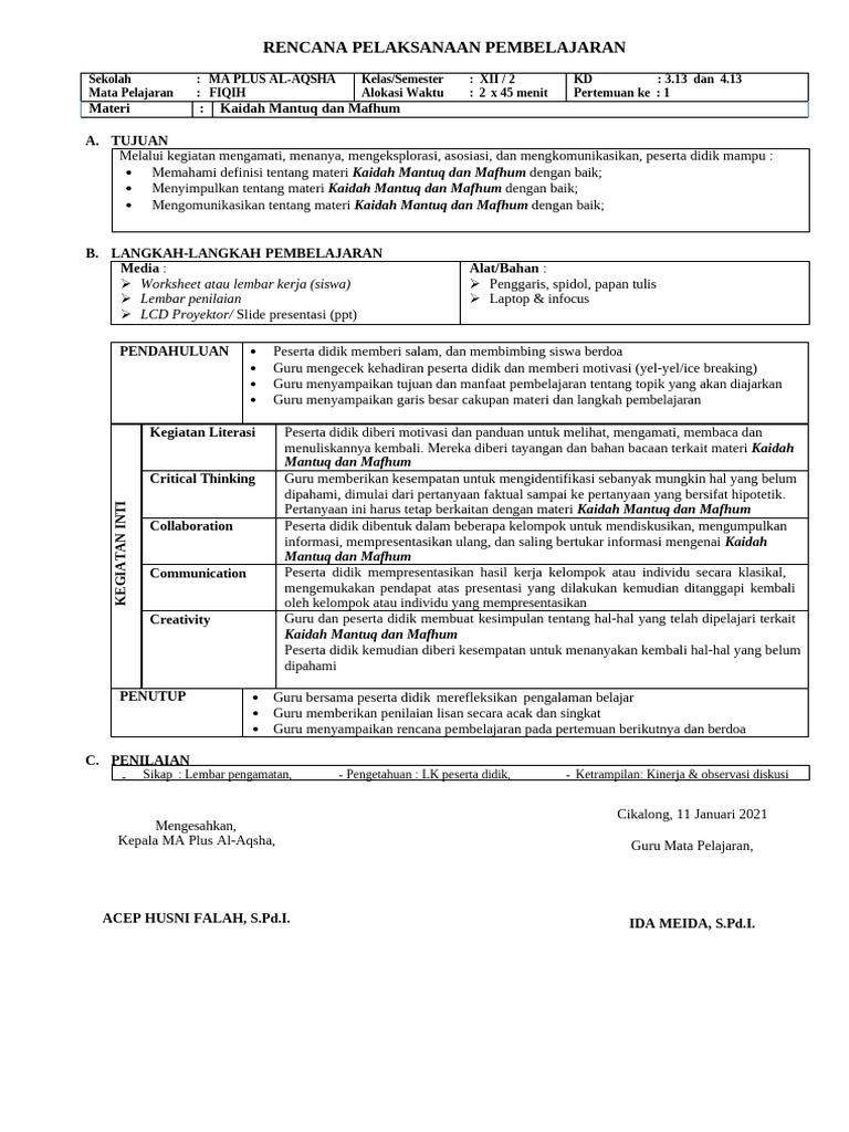 06 RPP 1 Lembar Fiqih Kelas 12 KD 13 | PDF