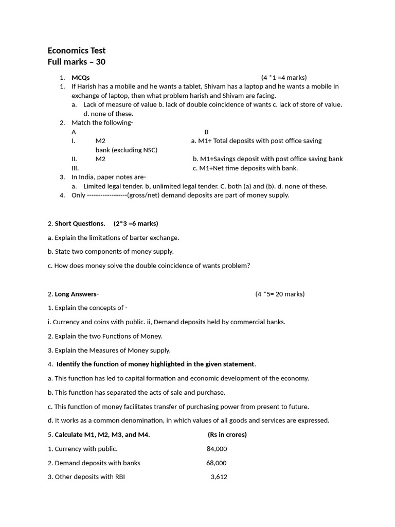 Economics Test Money CH | PDF