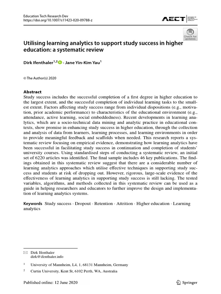 Ifenthaler 2020 - A Systematic Review of Quality of Student Experience in Higher Education | PDF ...