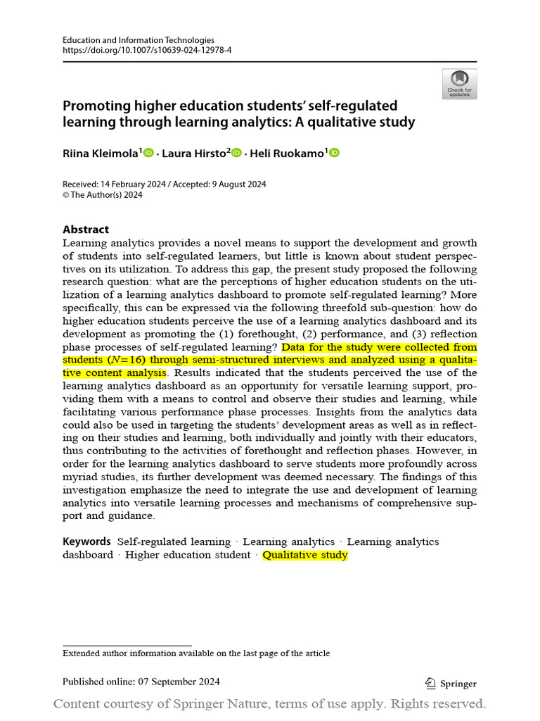 Kleimola 2024 - Promoting Higher Education Students' Self-Regulated | PDF | Learning | Analytics