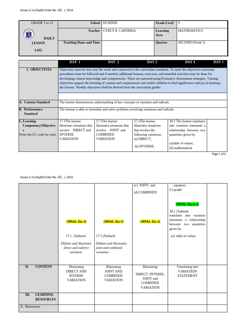 Math 9 2ND Q DLL 1ST Week | PDF | Learning | Mathematics