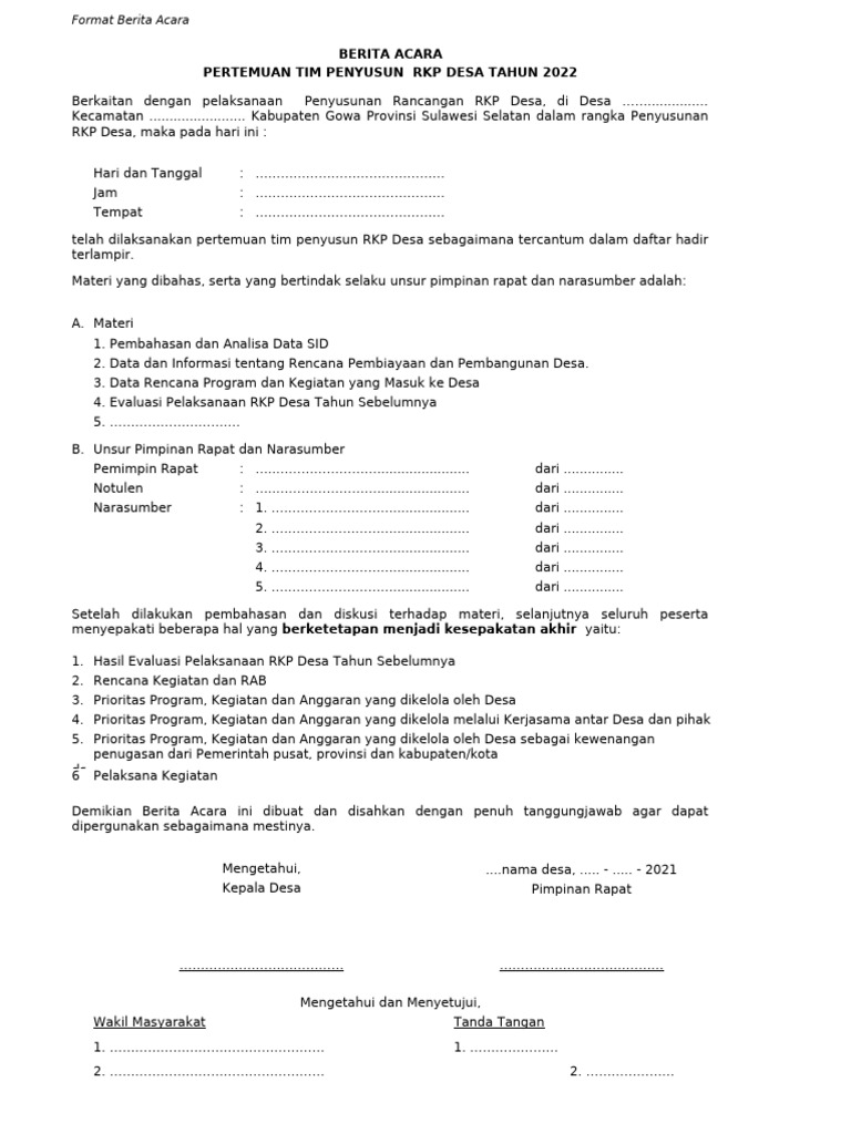 05.f BA Penyusunan Rancangan RKP Desa Tahun 2022 | PDF