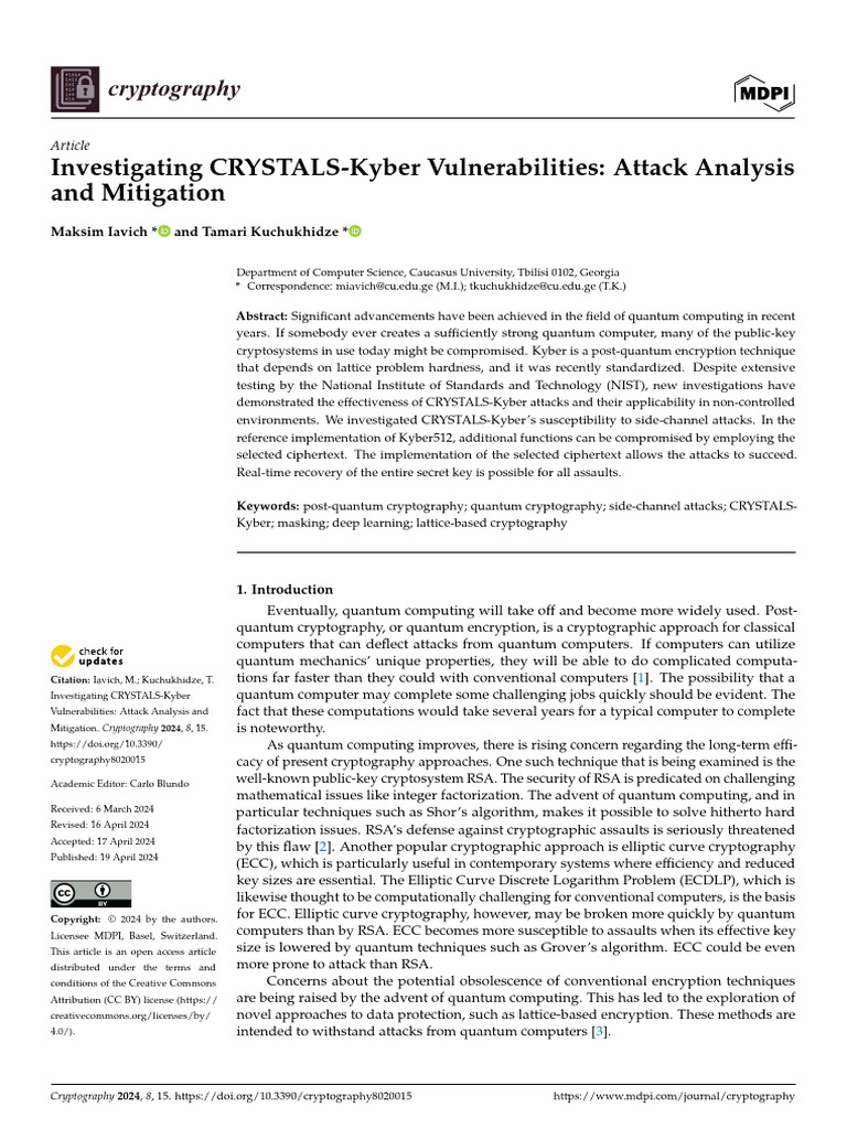 Cryptography 08 00015 v2 | PDF | Cryptography | Encryption
