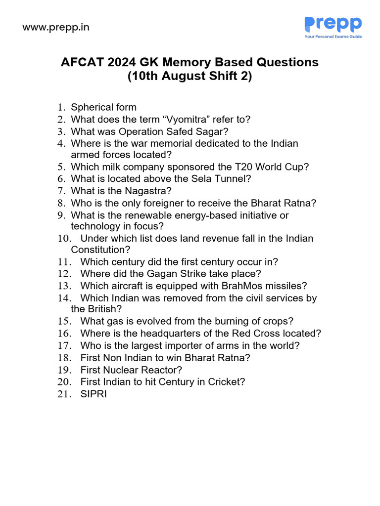 AFCAT 2 Memory Based Questions PDF Aug 10 2024 Shift 2 | PDF
