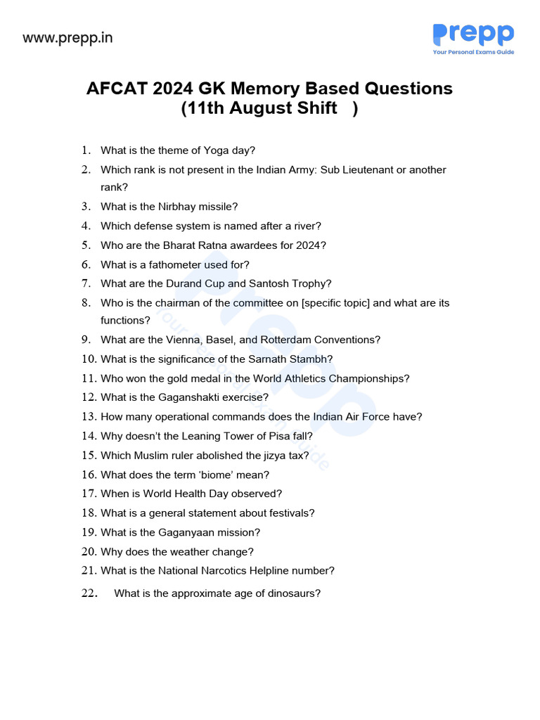 AFCAT 2 Memory Based Questions PDF Aug 11 2024 Shift 2 | PDF