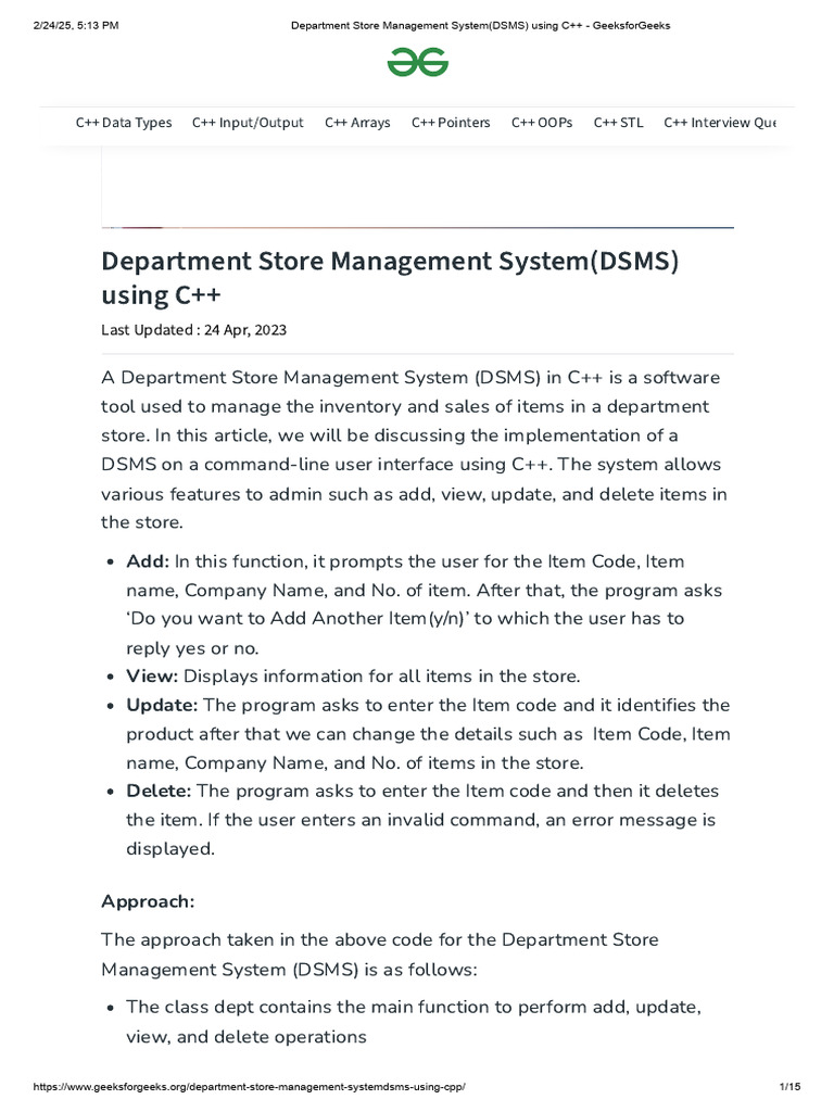 Department Store Management System (DSMS) Using C++ - GeeksforGeeks | PDF | C++ | Computer File