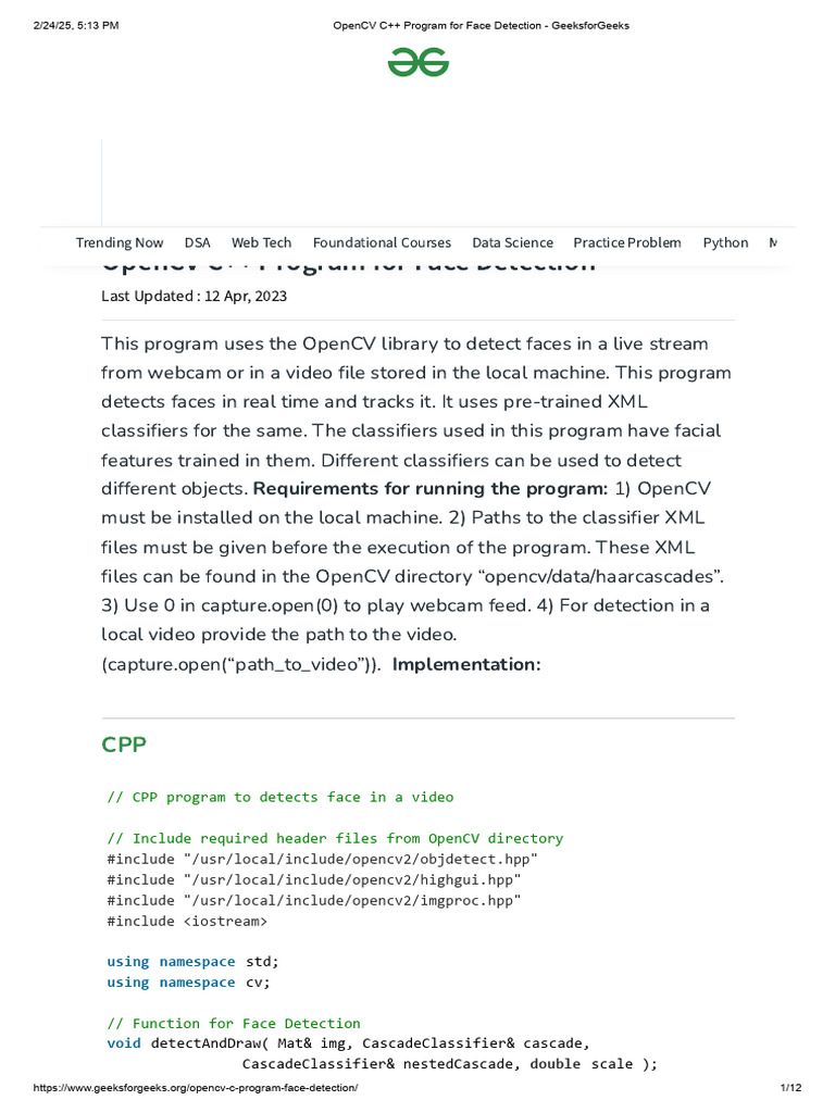 Opencv C Program For Face Detection Geeksforgeeks Pdf Namespace 5731