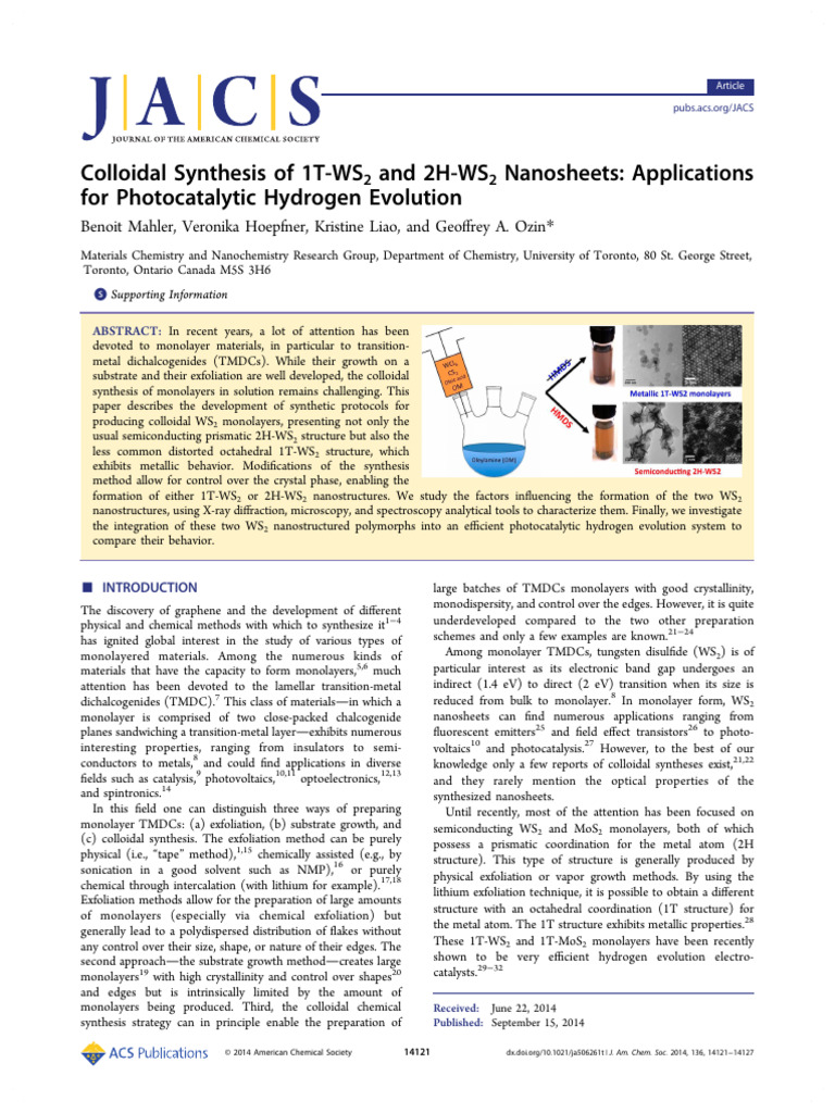 Colloidal Synthesis of 1T-WS2 and 2H-WS2 Nanosheets | PDF | X Ray ...