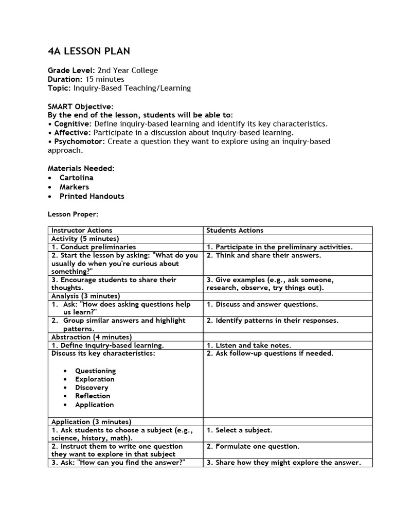 4a Lesson Plan | PDF | Inquiry Based Learning | Learning