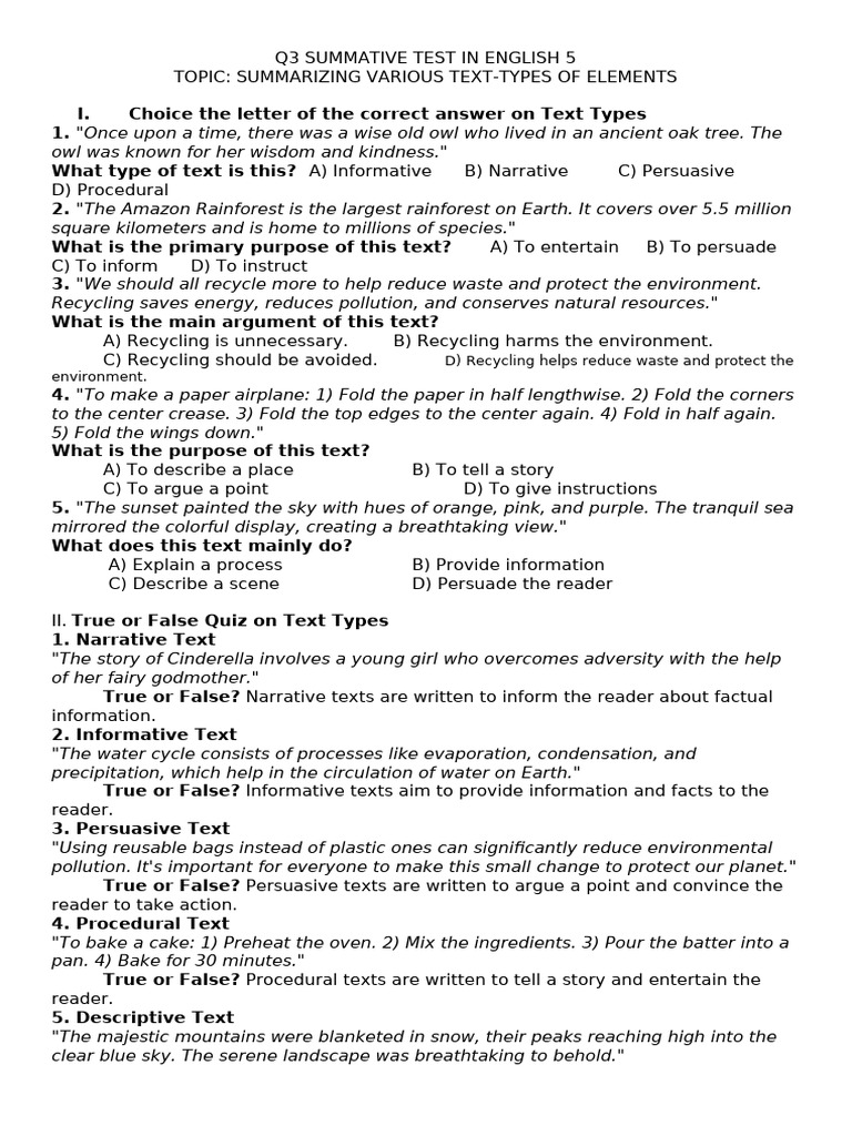 English 5 Text Types Quiz | PDF