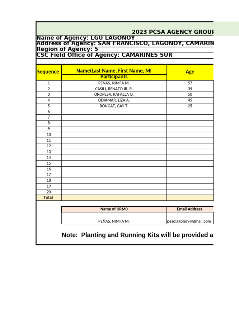 Lgu Lagonoy Pcsa Reg Form | PDF