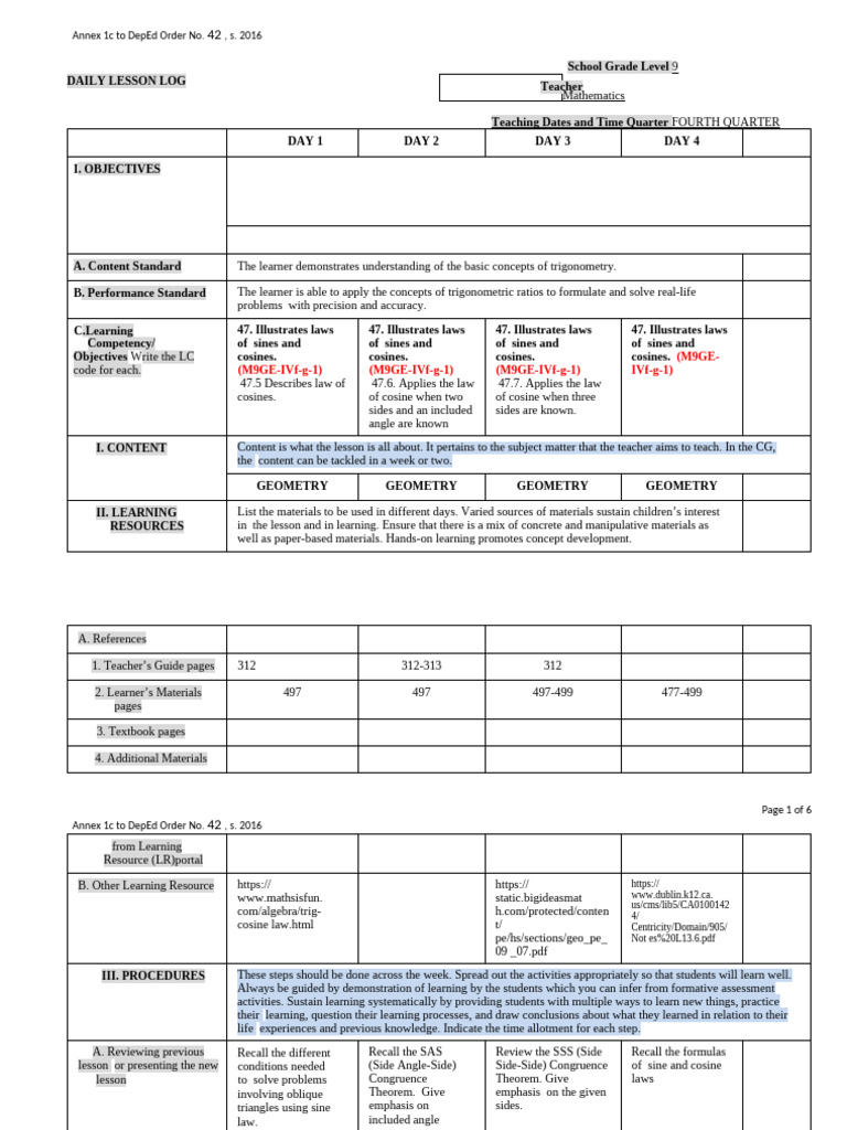 Grade 9 Trigonometry Lesson Plan | PDF | Trigonometric Functions ...