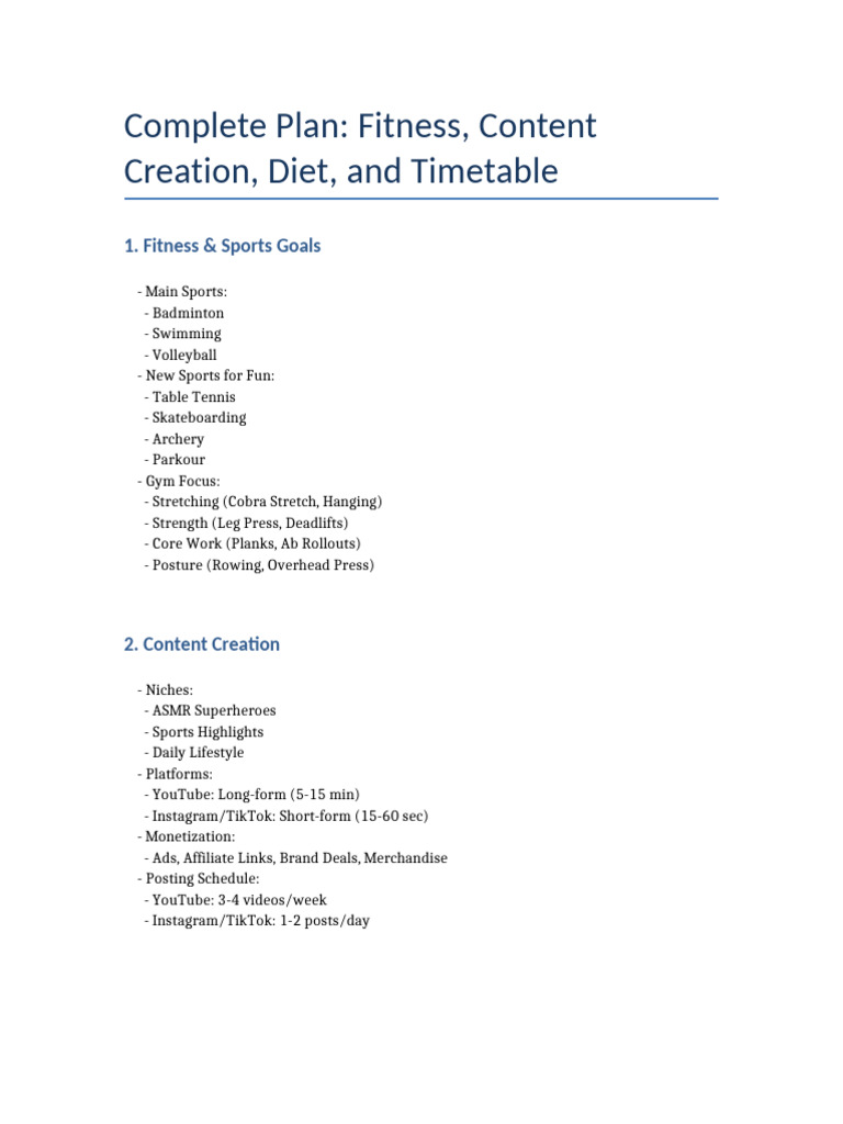 Complete Plan Fitness Content Creation Timetable | PDF