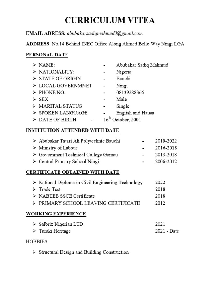 Curriculum Vitea: Email Adress: Address Personal Date | PDF