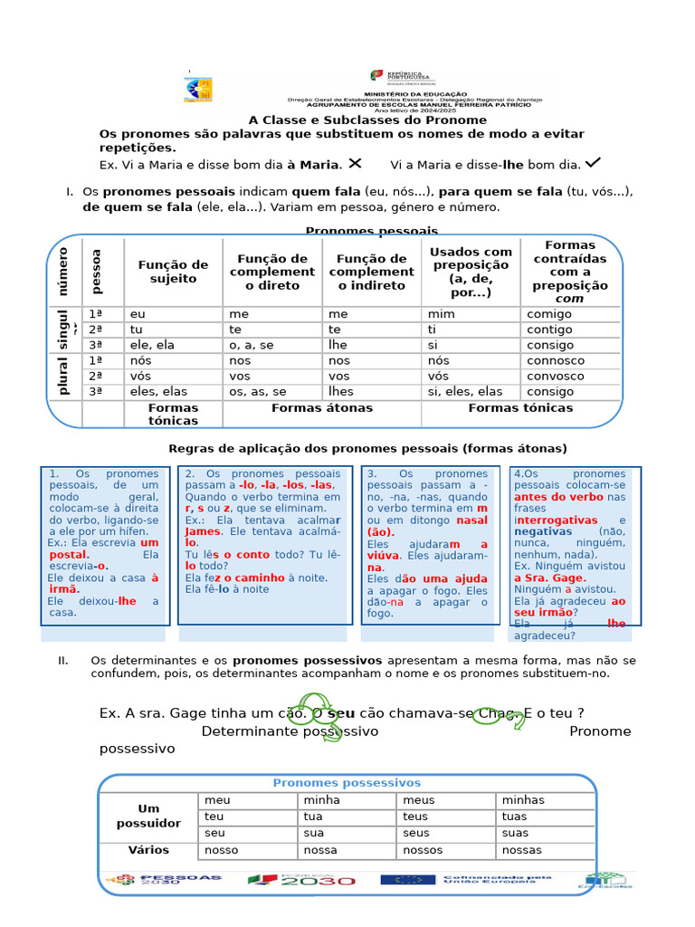 A Classe e Subclasses Do Pronome | PDF | Pronome | Sintaxe
