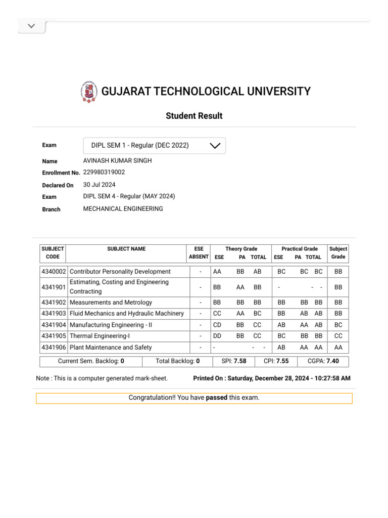 Gujarat Technological University: Student Result | PDF