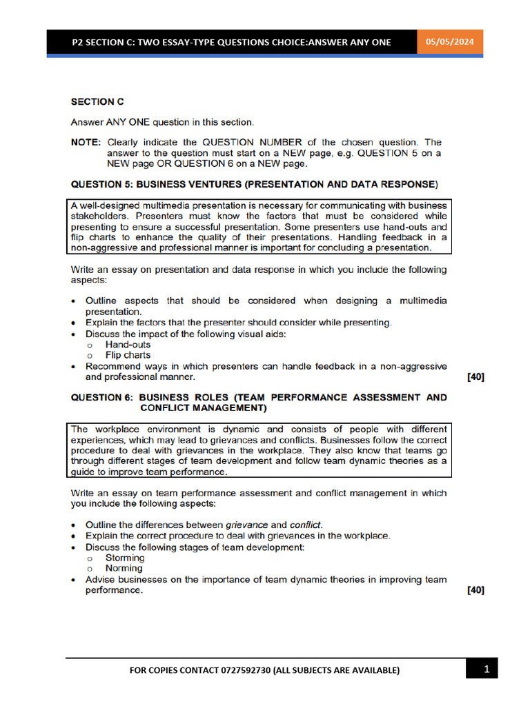 Essay Questions for P2 Section C | PDF