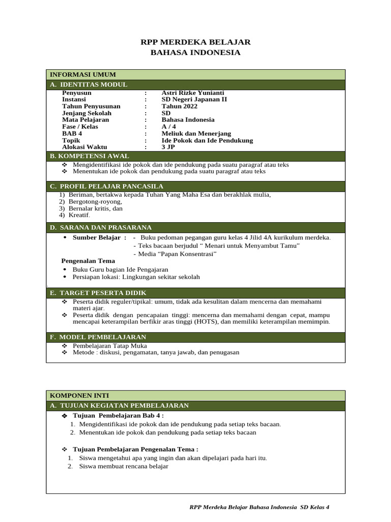 RPP Kelas IV - Ide Pokok Dan Ide Pendukung | PDF