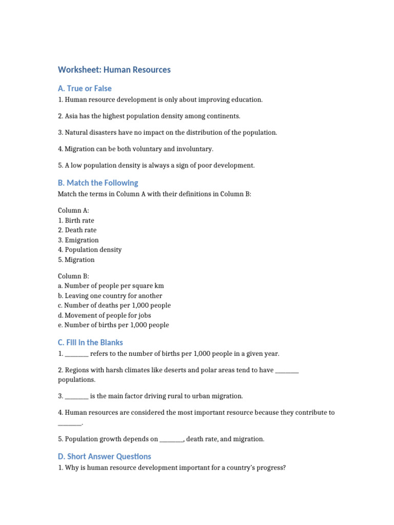 Human Resources Worksheet | PDF | Human Migration | Urbanization
